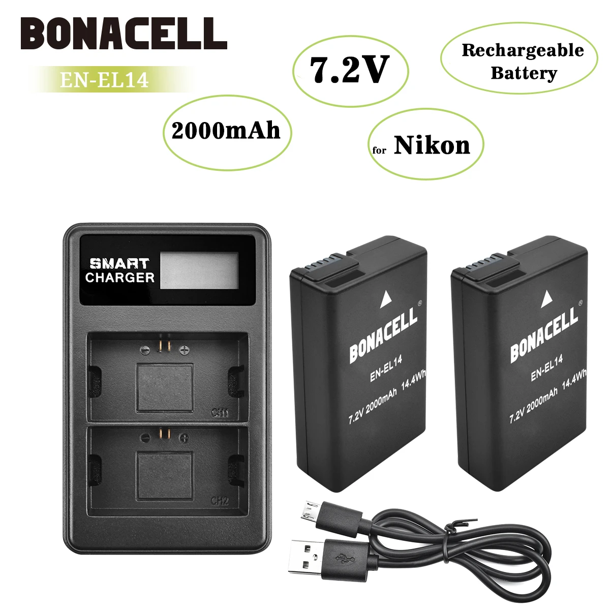 7.2V 2000mAh Li ion EN EL14 Rechargeable Batteries for nikon d3300 ...