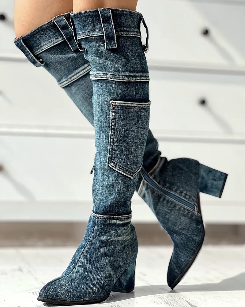GIGIFOX Bottes Hautes en Denim pour Femme, Chaussures Décontractées à ...