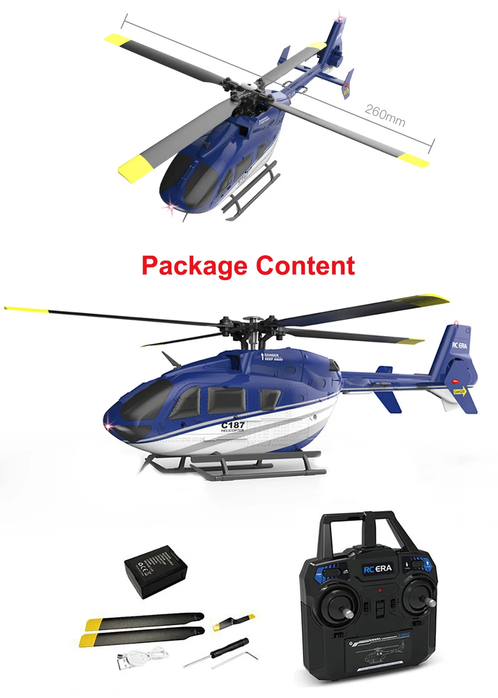 RC ERA C187 Rc Helicopter - 2.4G 4CH Single Blade EC-135 Scale 6-Axis ...