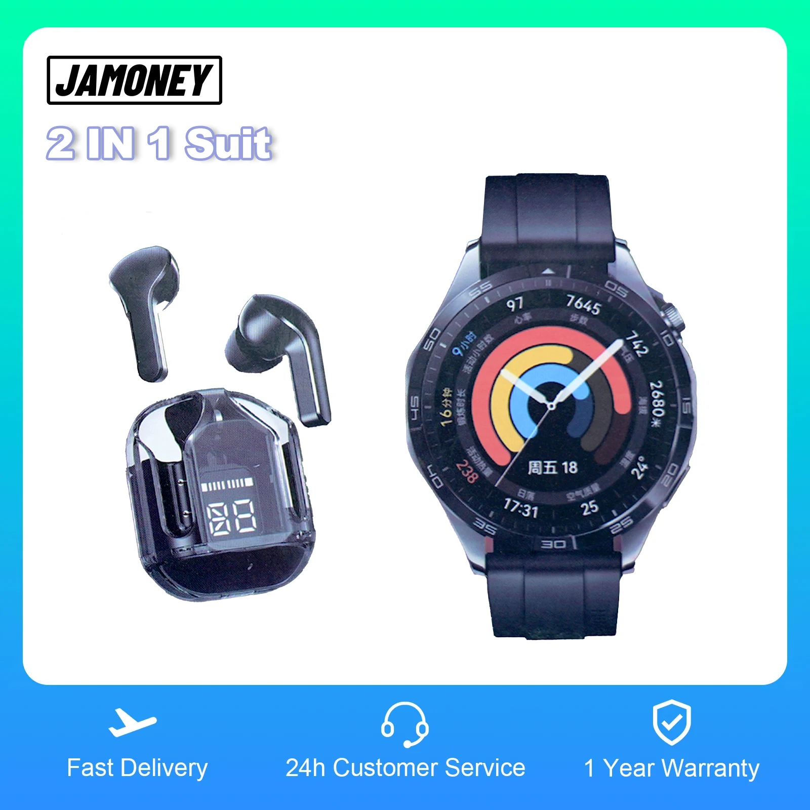 New-Design-2-In-1-Watch-Set-Transparent-Tws-Earphones-GT4-Round-Screen ...