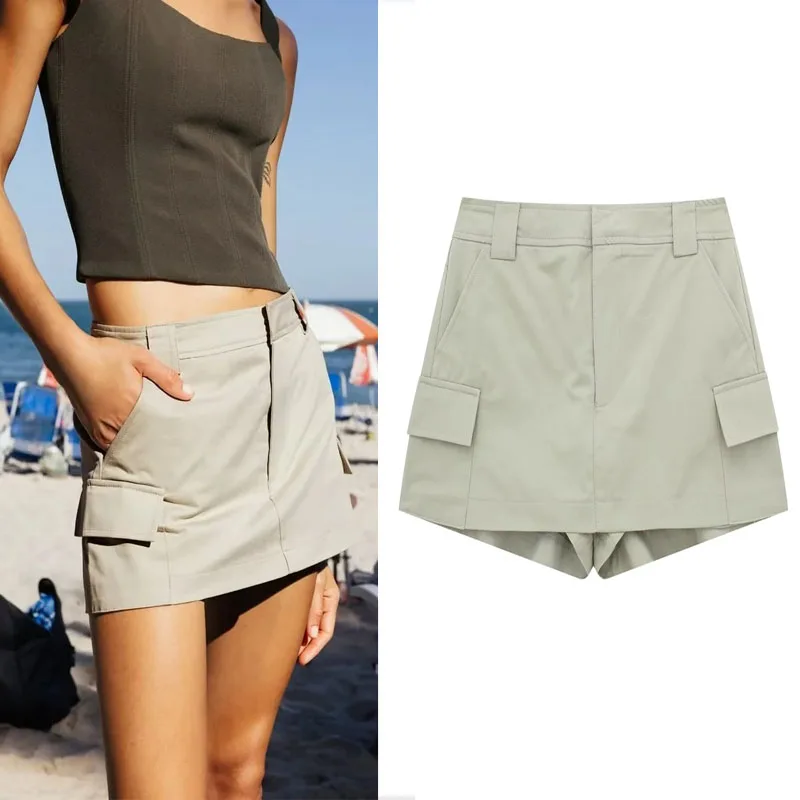 TRAF 2023 Grey Pocket Skort Women Summer Fashion Mid-Rise Short Skirt Elegant Front Pockets ...