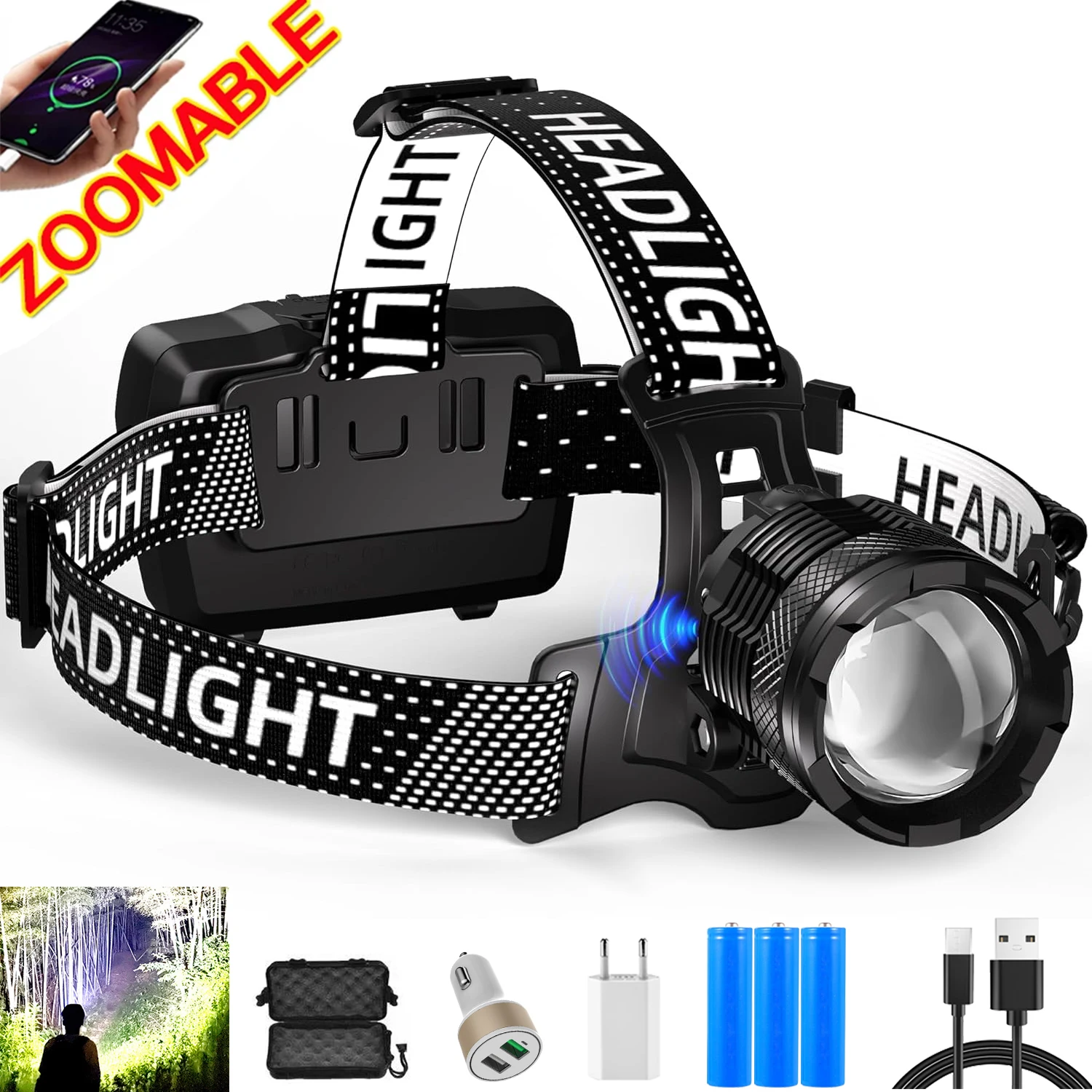 50W LED Headlamp Type-C Rechargeable Zoomable Headlight 1500M Long ...