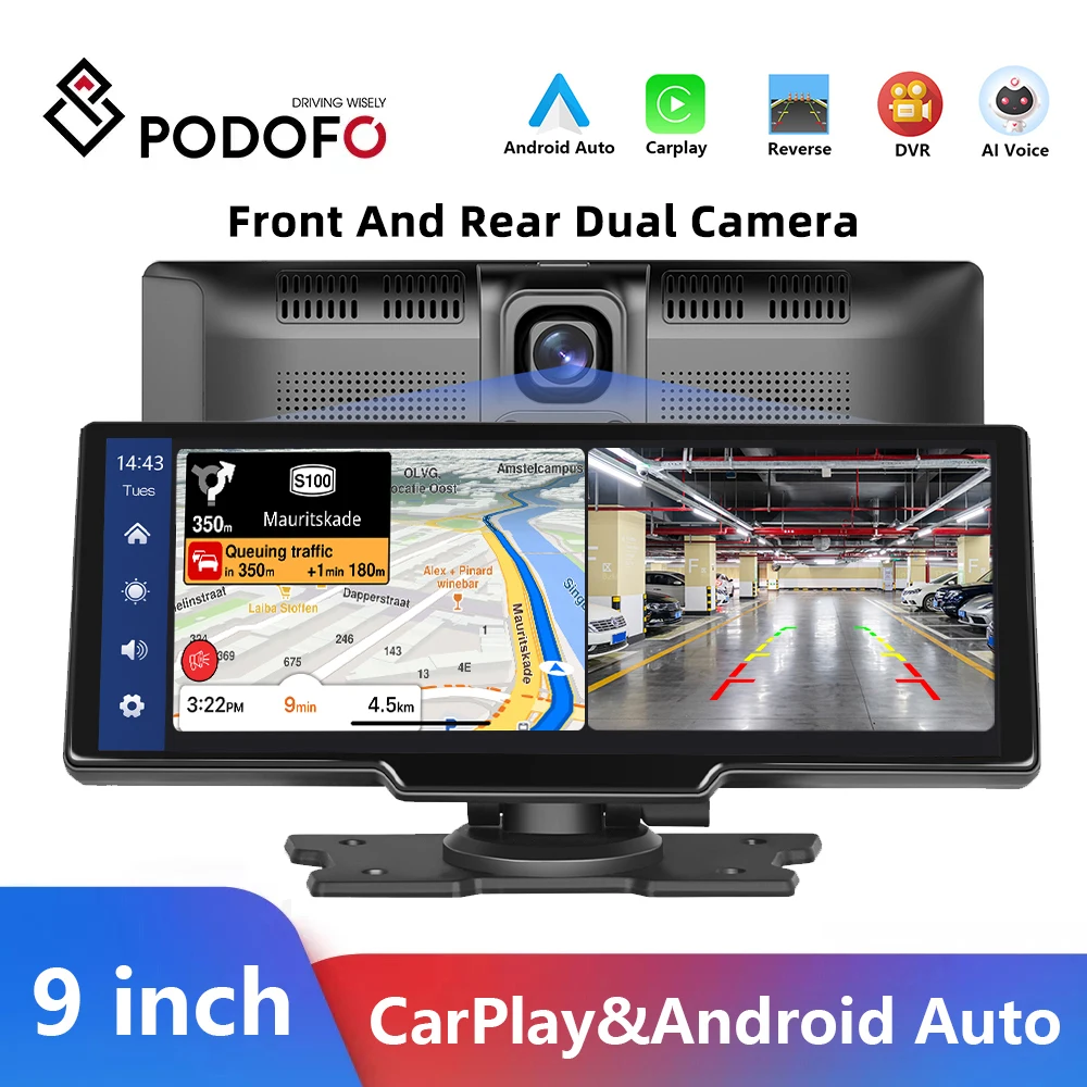 Podofo Monitor de espejo de 9 "para coche, grabación HD, Carplay ...