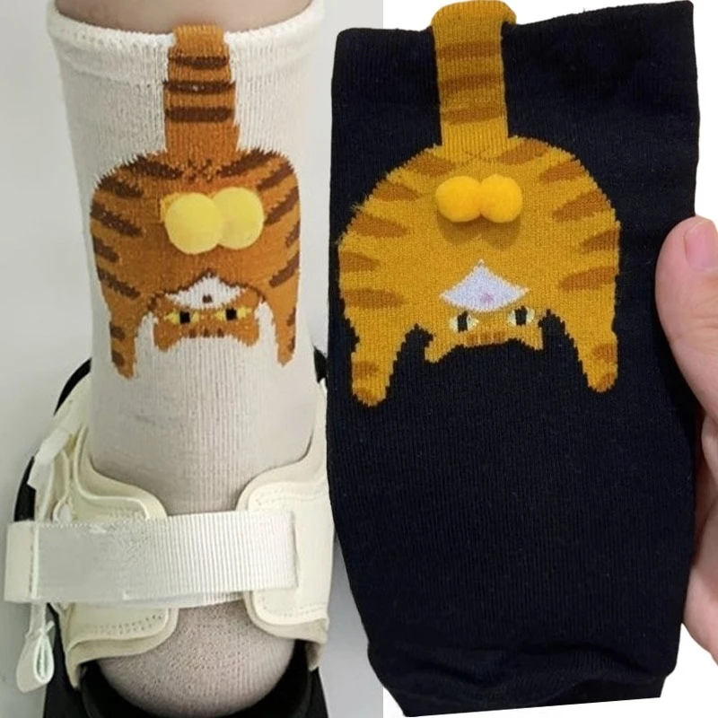 Cotton Cute Cat Rear Socks Black White Pink Knitted Calf Socks ...