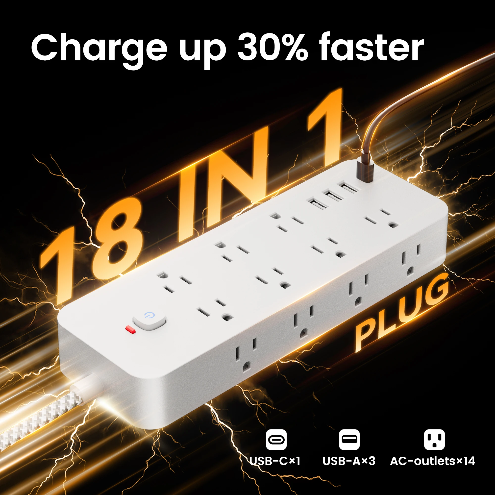 Multitap Power Strip US Plug AC Outlet USB Port Type C 4ft Braided ...