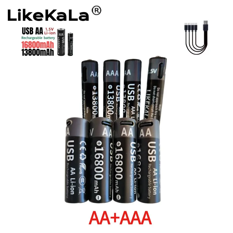 Type-C Li-ion AAA and AA Rechargeable Battery USB Lithium-ion 16800mAh ...