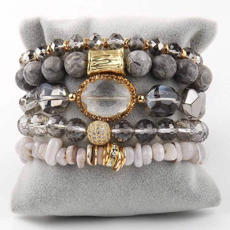 RH Fashion Bohemia Jewelry Natural Stone Beaded and Crystal Charm 5pc Stack Bracelets Set For ...