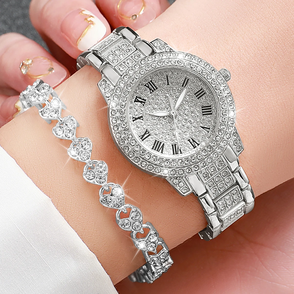 2pcs-set-Women-Stainless-Steel-Band-Diamond-Quartz-Watch-and-Bracelet ...
