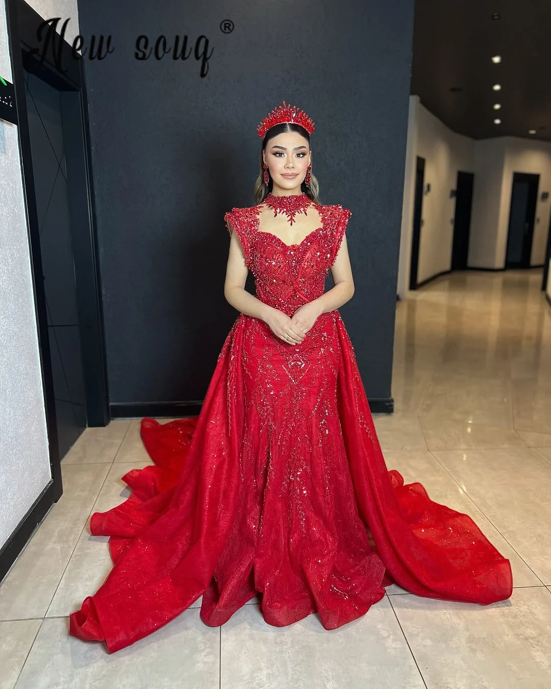 Short Sleeve Detachable Train Prom Dress Women Red Wedding Reception ...