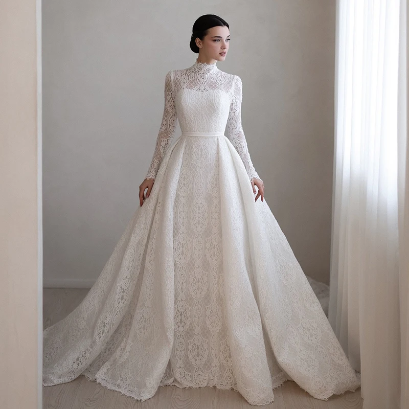 Eightree Elegant A-Line Wedding Dresses High Neck Long Sleeves Lace ...