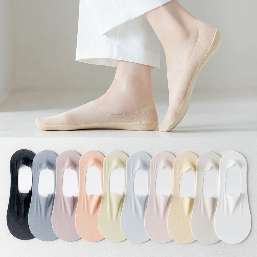 Summer Ultra-thin Breathable Sock Slippers Solid Color Ice Silk Low Cut ...