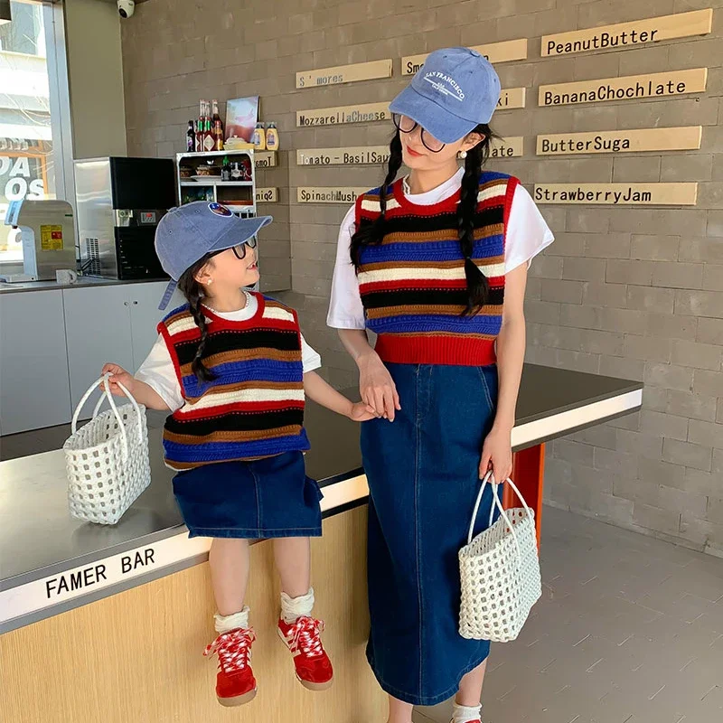 Mom-and-Daughter-Knitted-Vests-Mother-Baby-Girls-Same-Striped-Sweater ...