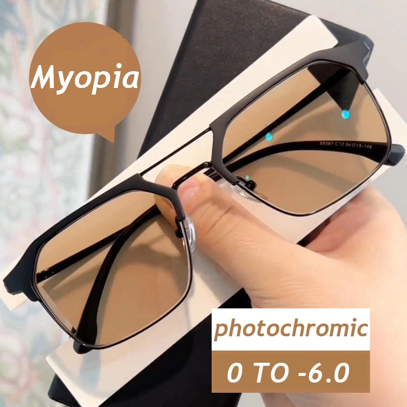 Double Beam Frame Photochromic Myopia Glasses Unisex Women Men Near ...