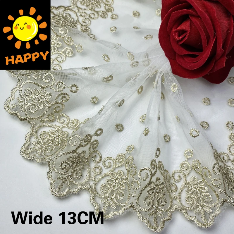13CM-Wide-Golden-White-Tulle-Embroidered-Lace-Ribbon-Garment-Dress-Trim ...