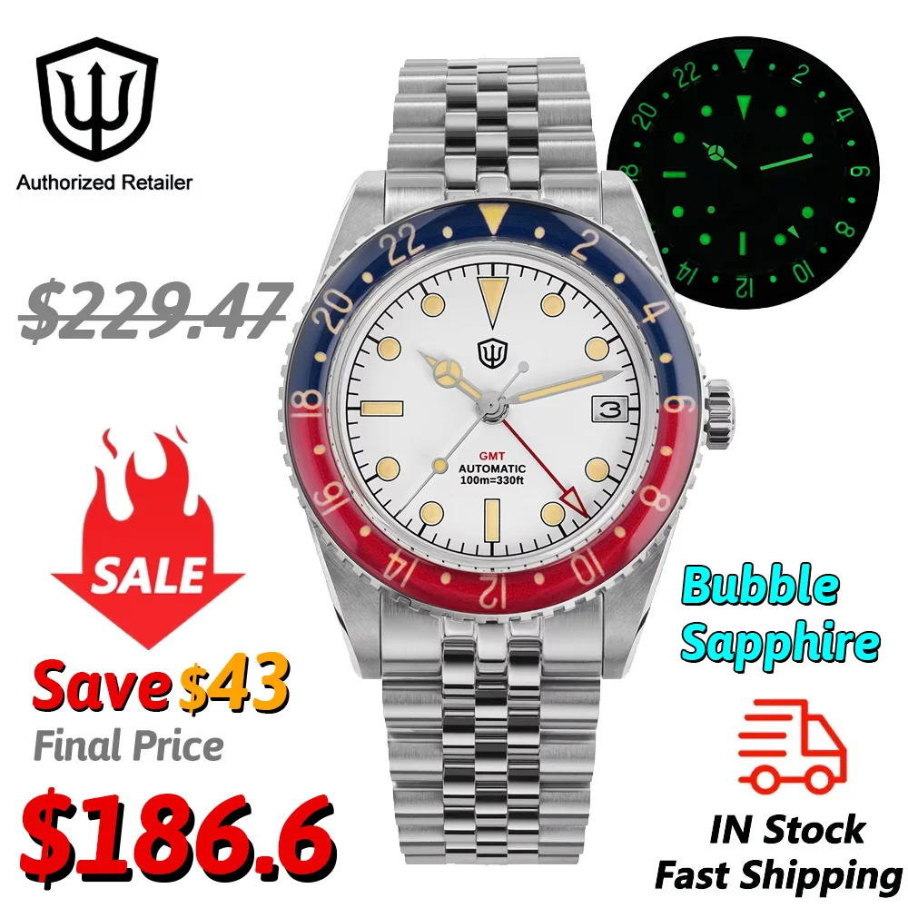 Watchdives WD6542 GMT Automatic Watches NH34 Bubble Sapphire Crystal ...