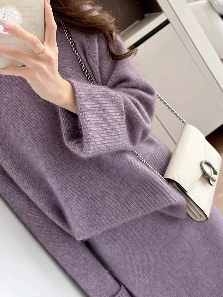 Elegant Purple Knitted Suit Skirt, Women'S Autumn And Winter Socialite ...