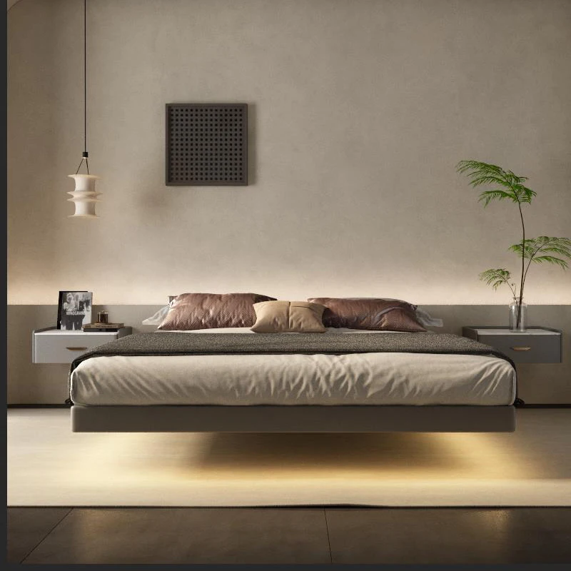 Suspended-bed-steel-frame-modern-simple-bedstead-leather-bed-silent ...