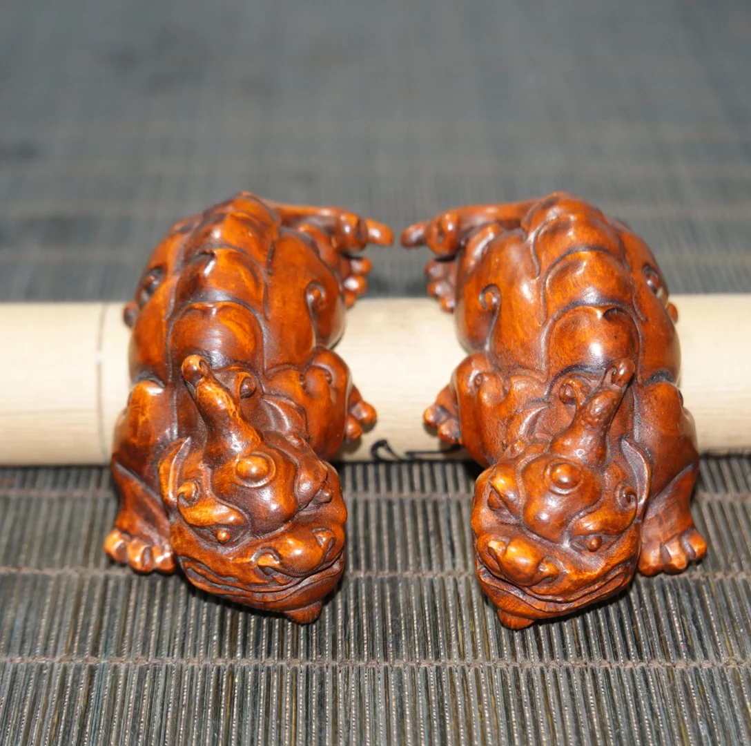 2-Tibetan-Temple-Collection-Old-Boxwood-Pixiu-Statue-Unicorn-A-Pair ...