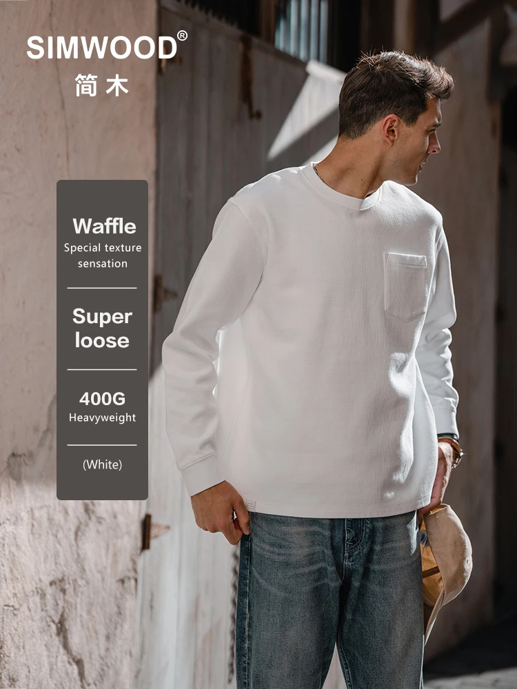 SIMWOOD-2024-Autumn-New-Heavyweight-400gsm-100-Cotton-Fabric-Waffle-Long-Sleeve-T-shirts-Men ...