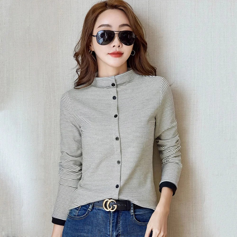 New-Women-Striped-Half-High-Collar-DEvelvetfabric-Bottomming-Shirt ...