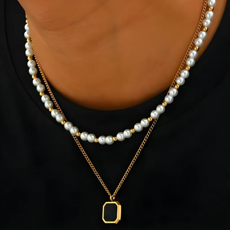 Men's Stainless Steel Square Pendant Necklace With White Imitated Pearl ...