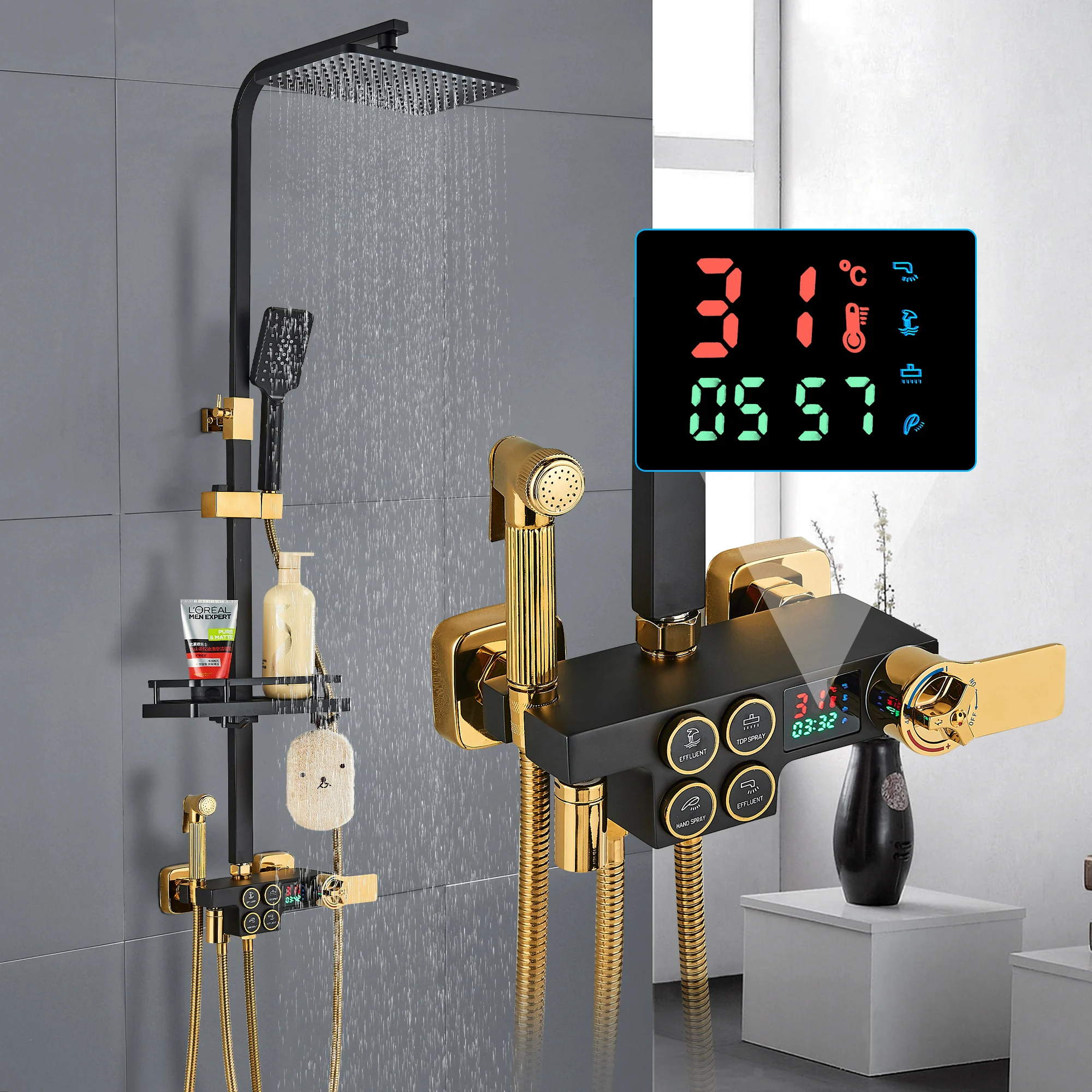 4-Function Button Digital Display Shower Faucet Set Chrome Rain Shower ...