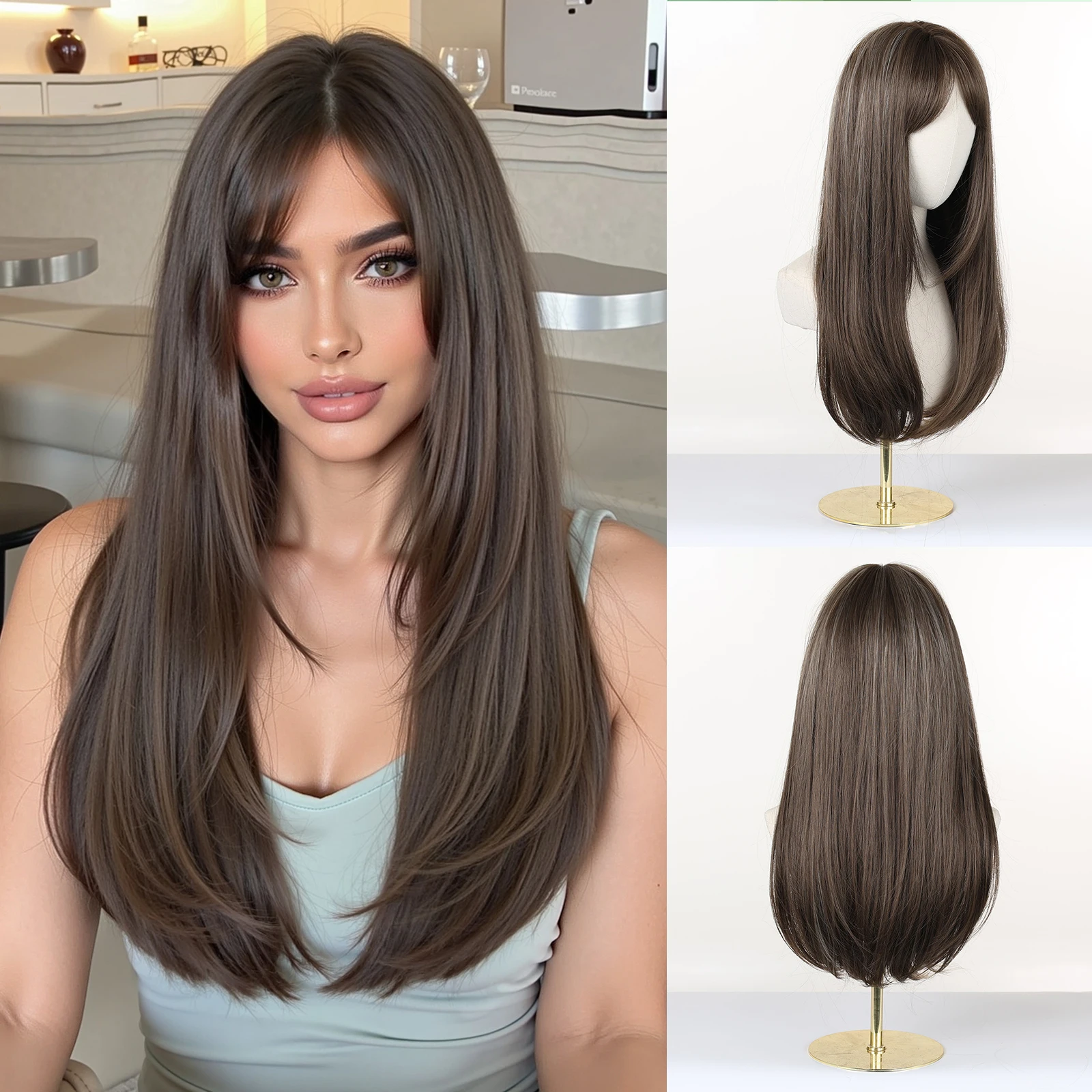 LOUIS FERRE Brown Daily Synthetic Wigs With Bangs For Women Party ...