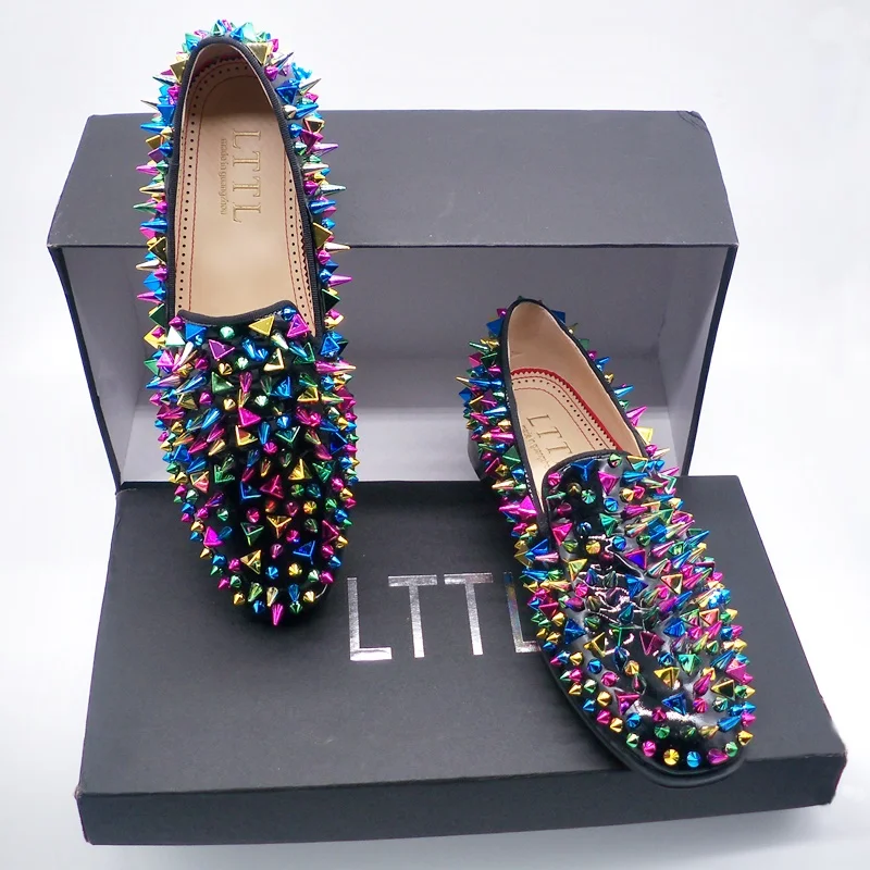 LOUBUTEN-Multicolor-Spikes-Loafers-Black-Men-Patent-Leather-Shoes-Dress ...