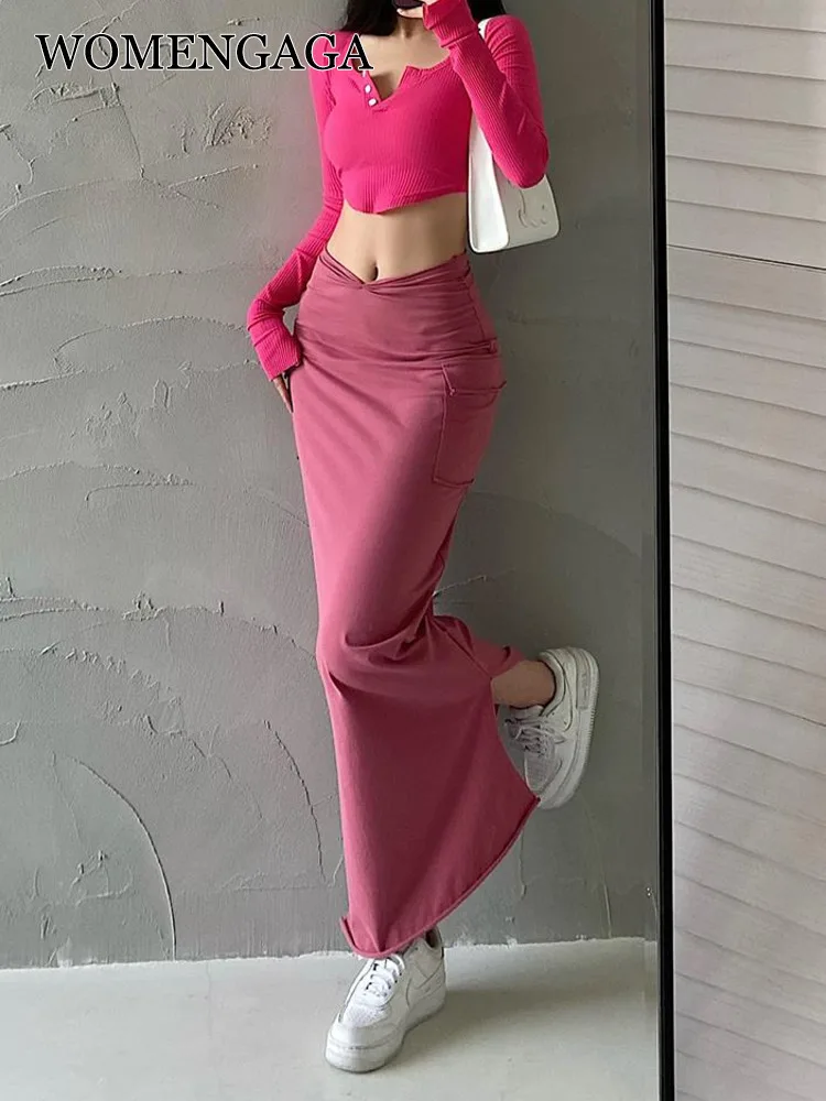 Womengaga Sexy V-shaped Waist Tight Slim Pleated Side Split Pocket Maxi ...