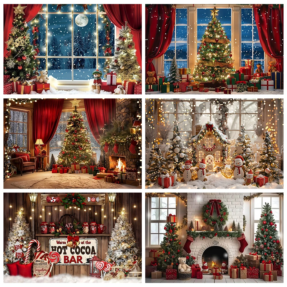 Christmas Winter Backdrop Window Curtain Fireplace Xmas Tree ...