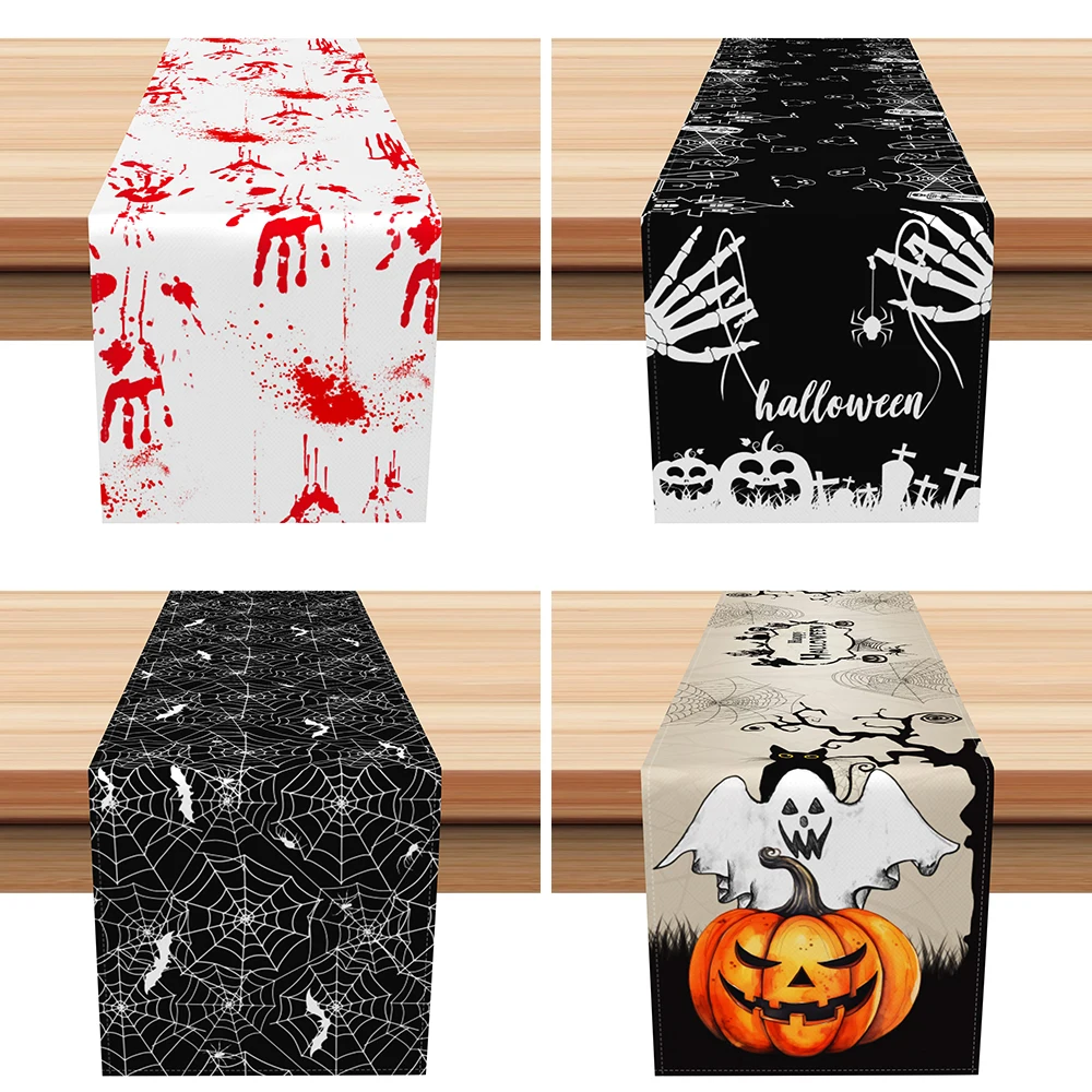 Halloween-Pumpkin-Skull-Table-Runner-Autumn-Blood-Hand-Bat-Black-Dining ...