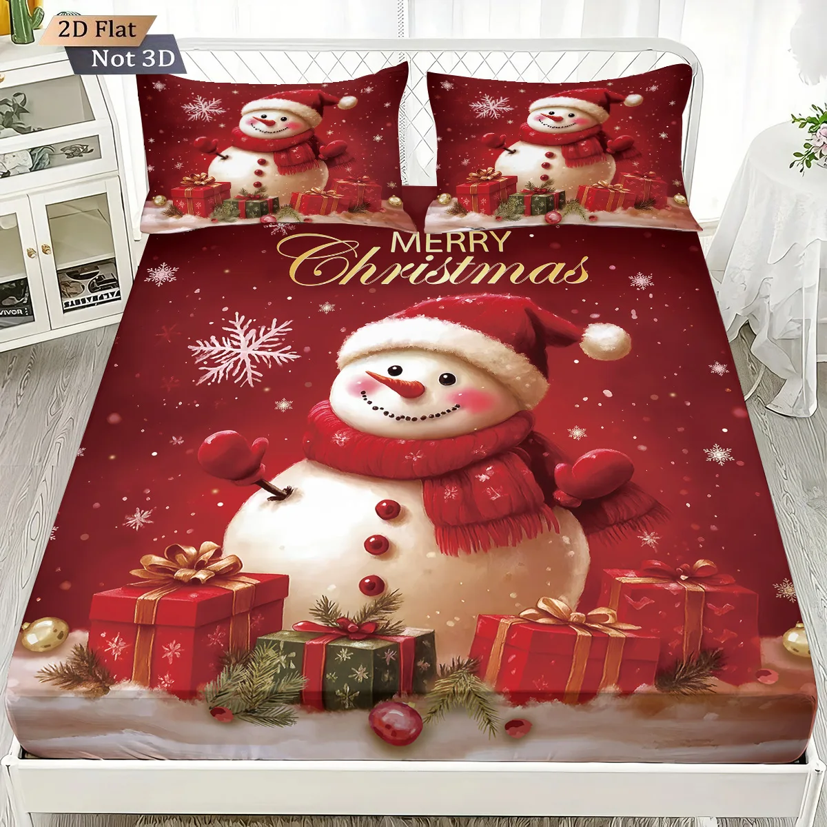 3pcs Christmas Snowman Red Printed Chipless Bed Sheet Set Multi Size ...