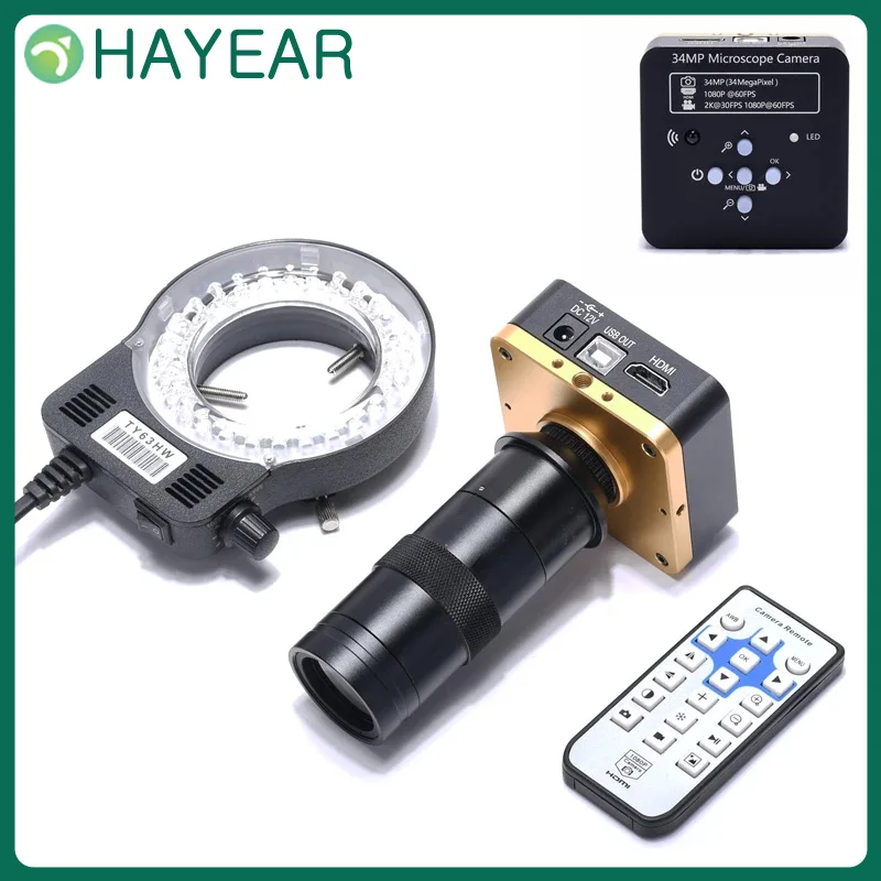 HAYEAR 100X Objective Lens 56 LED Ring Light 34MP HDMI-Compatible USB ...