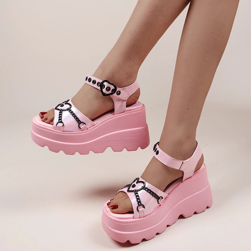 Summer Cute Pink Wedge Sandals Women Gothic Buckle Chunky Platform ...