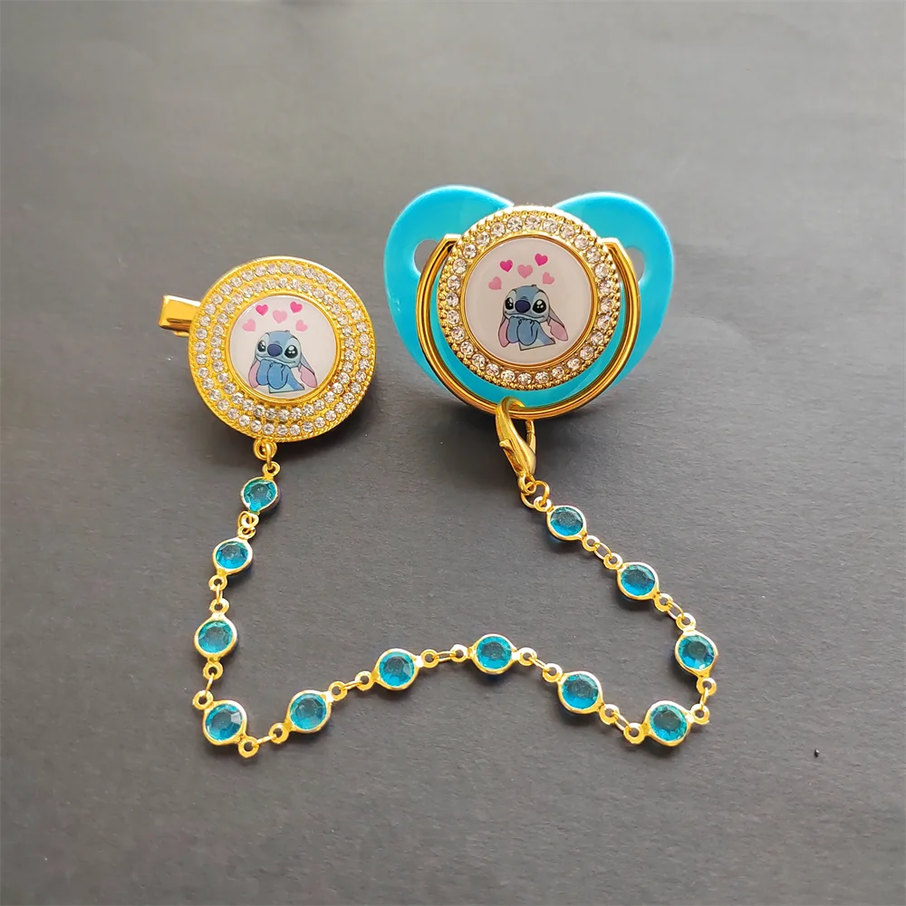 Disney-Baby-Pacifier-with-Clip-Lid-Rhinestone-Blue-Gold-Deluxe-Pacifier ...