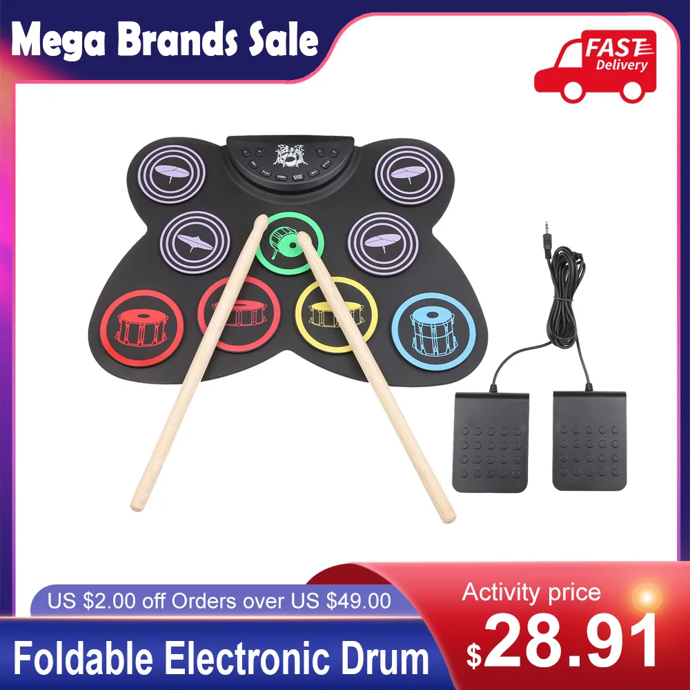 Portable Size Electronic Drum Kit 9 Silicon Drum Pads Folding Drum Set ...