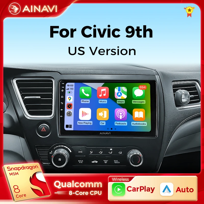 Ainavi-radio de coche para Honda Civic 9 9th US Sender Coupe Carplay Android auto Qualcomm Car ...