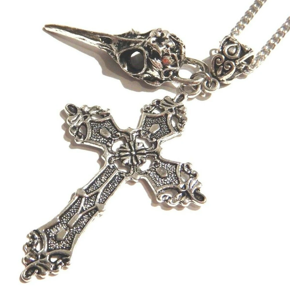 SILVER GOTHIC CROSS & BIRD SKULL PENDANT NECKLACE Chain Biker Punk Crow ...