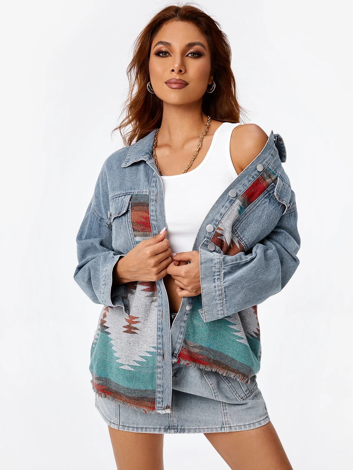 ZAFUL-Women-s-Aztec-Printed-Western-Denim-Jacket-Printed-Pocket-Long ...