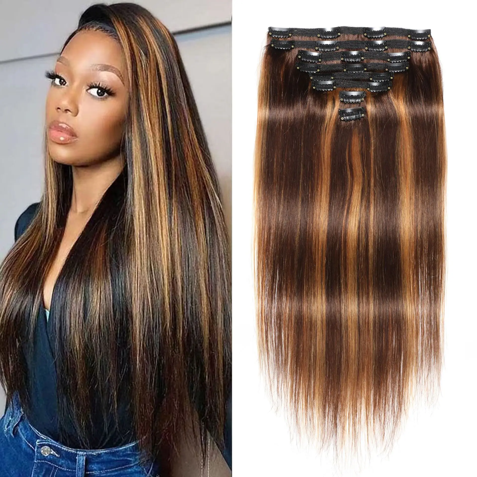 P4-27-Highlight-Clips-in-Hair-Extensions-Silk-Straight-Honey-Brown-Clip ...