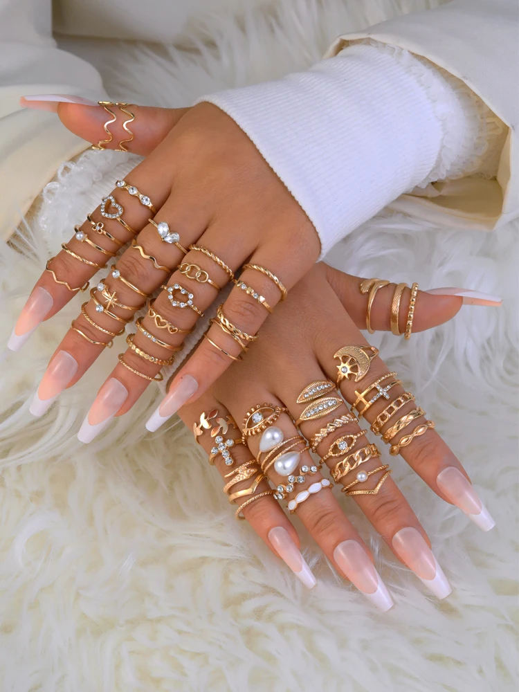 New 50 Pcs Bohemian Gold Color Ring Set For Women Vintage Minimalist Geometric Pearl Love Finger Rings 2024 Trendy Jewelry Gifts AliExpress
