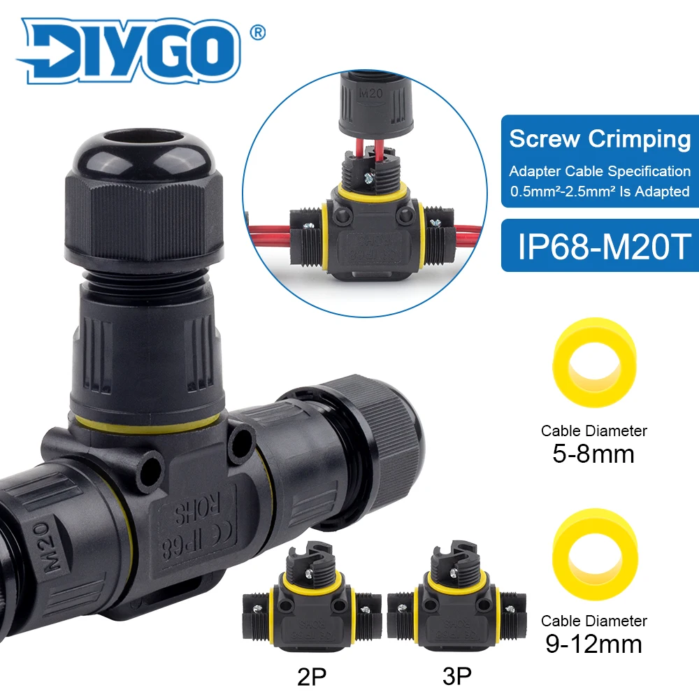 IP68-T-type-3-Way-M20-Waterproof-Cable-Connector-2-Pin-3-Pin-Screw ...