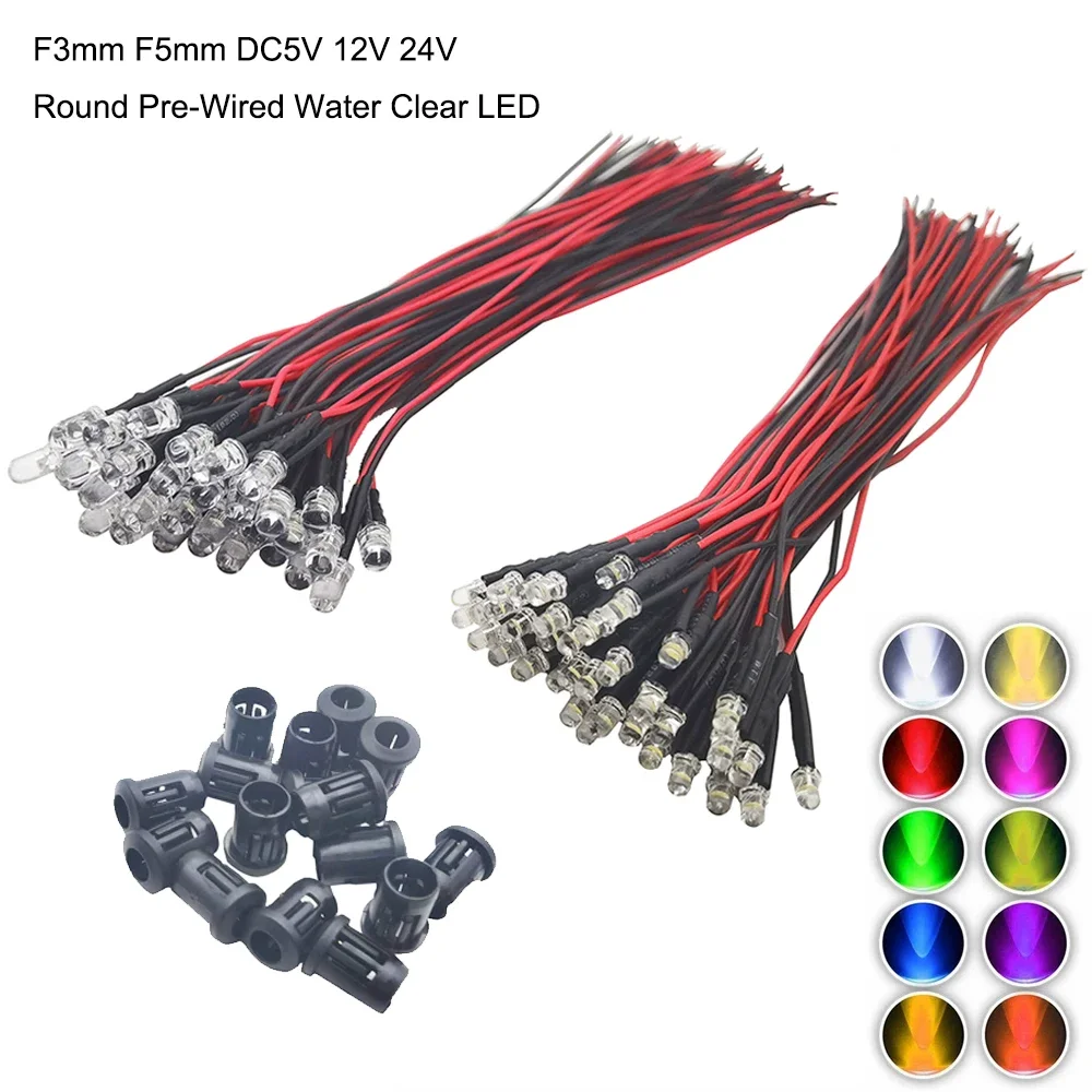 10-50-st-cke-3mm-5mm-runde-LED-Diode-DC5V-12V-24V-vor-verdrahtete ...