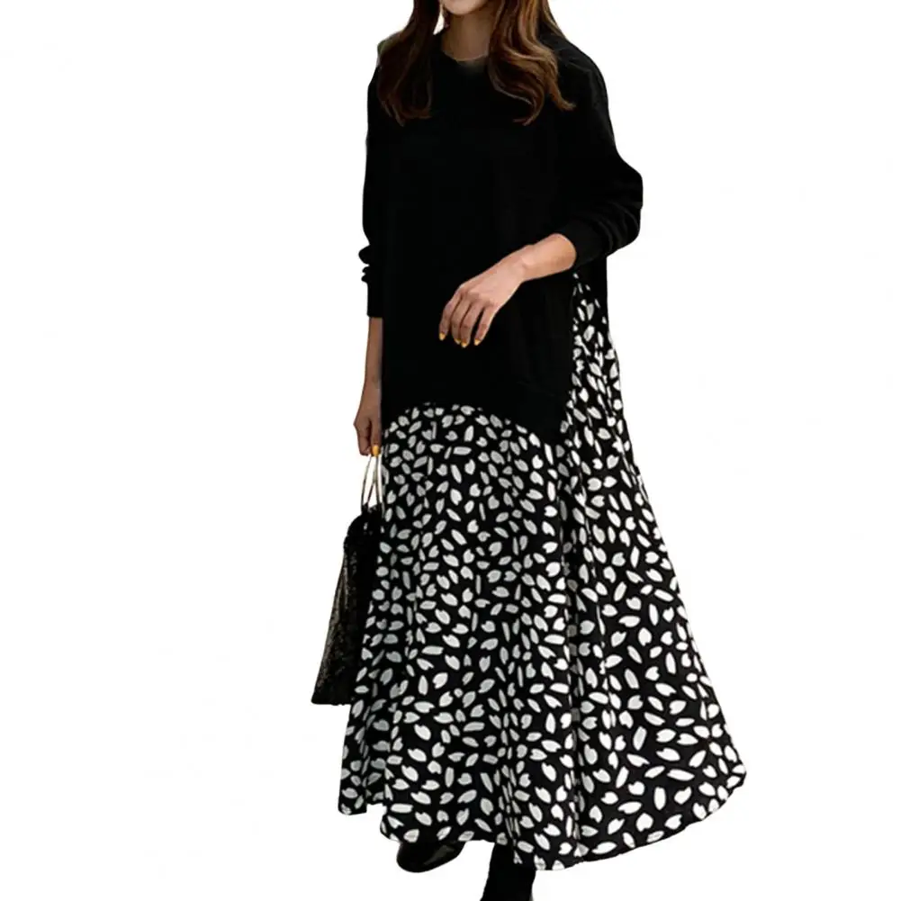 Plus-Size-O-Neck-Long-Sleeves-A-Line-Autumn-Dress-Side-Split-Top-Floral ...