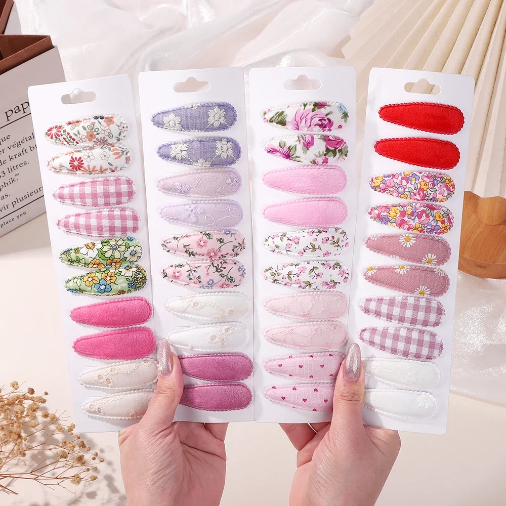 10pcs/set Sweet Flower Print Hair Bow Snap Clips for Baby Girls Fabric ...