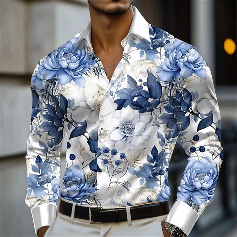 Men's rose flower formal shirt fashion casual wedding holiday evening ...