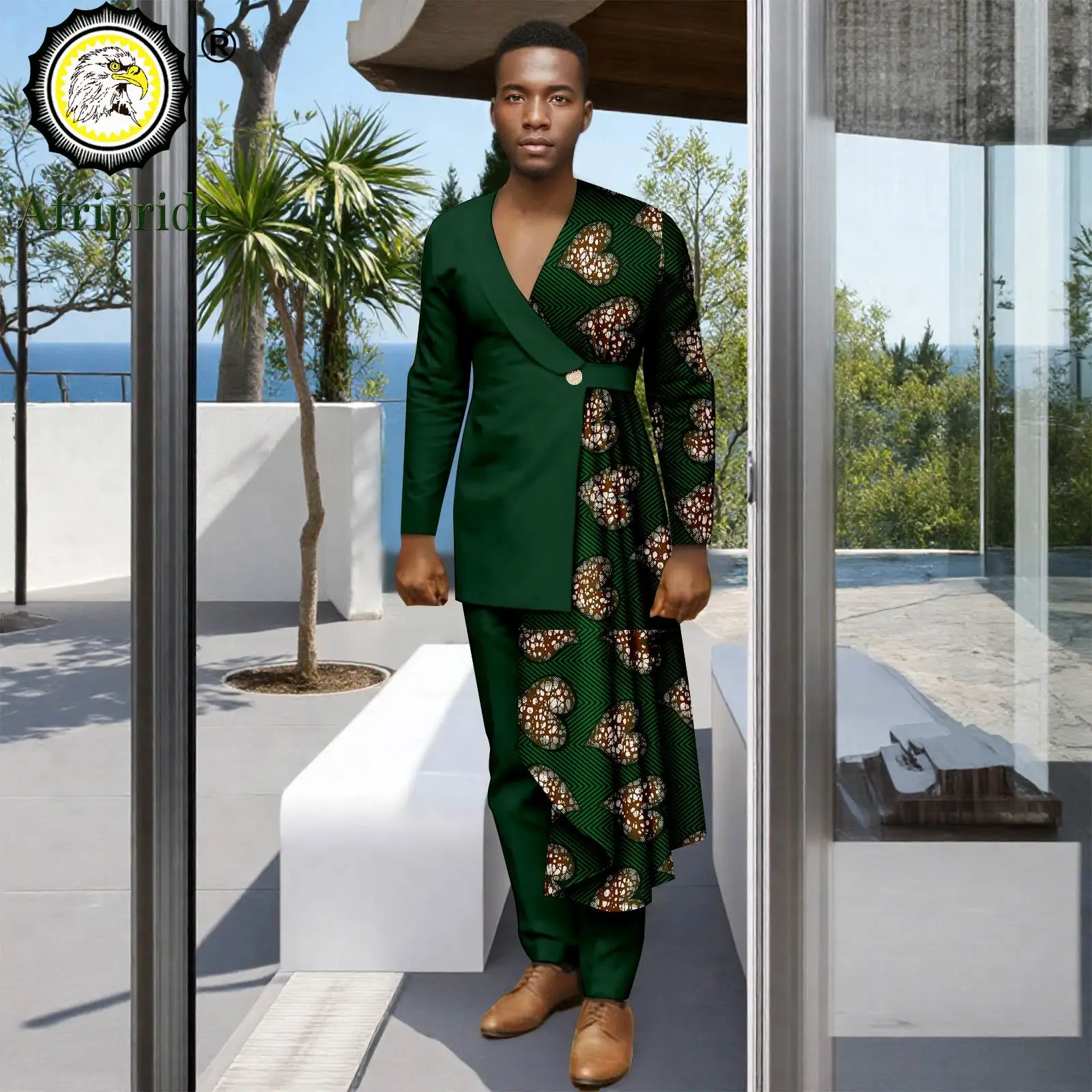 African Clothes for Men One Buttons Print Capes and Pants 2 Piece Set ...