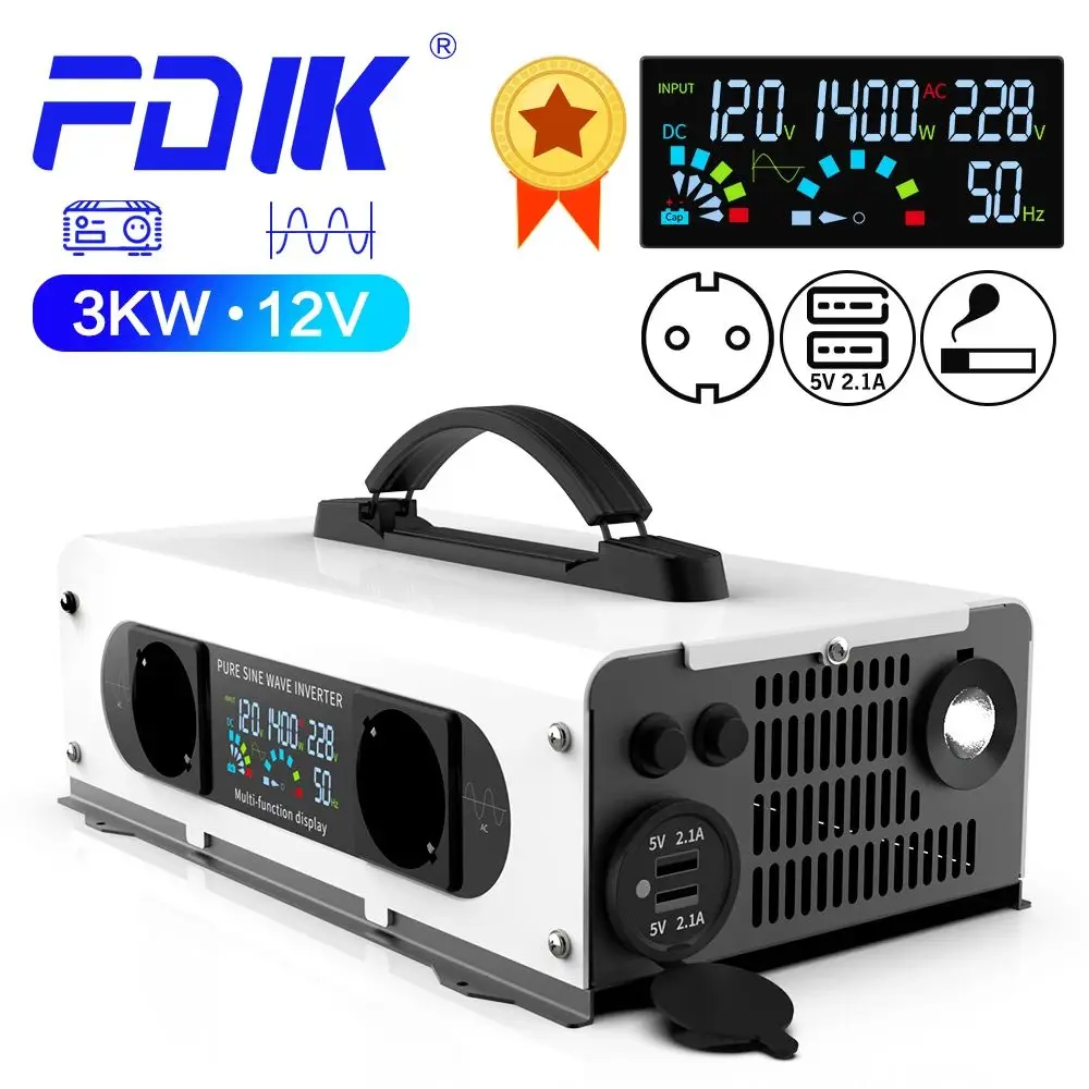 FDIK-12V-220V-3000W-Inverter-Pure-Sine-Wave-Inverter-Portable-with-LCD ...