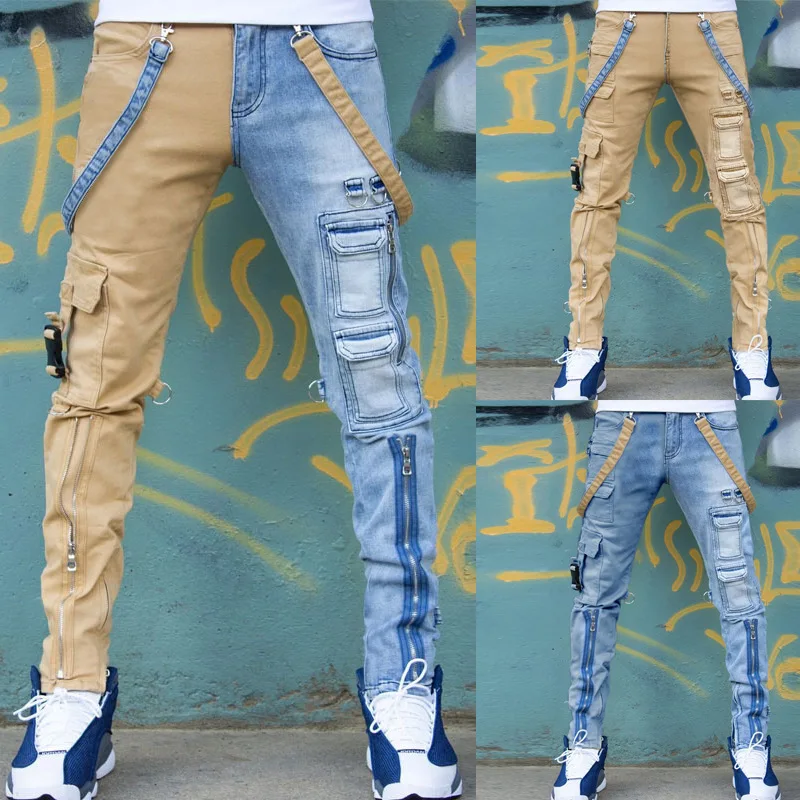 New arrive men's slim khaki blue jeans high quality pockets decoration ...