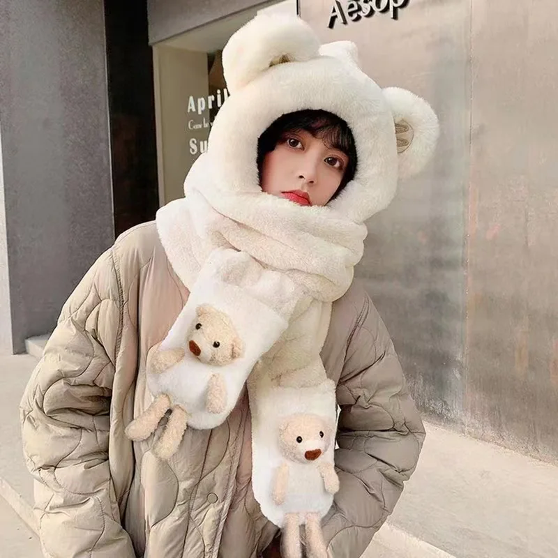두꺼운 곰 귀 모자 스카프 장갑 세트 겨울 여성 비니 모자 따뜻한 캐주얼 플러시 플리스 모자 발라클라바 넥 워머 패션